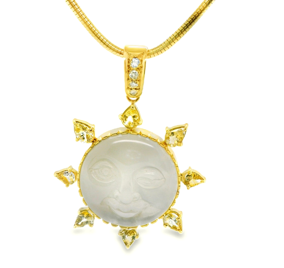 Sun Face Quartz Carving, Yellow Sapphire, Diamond Pendant in 18K Yello ...
